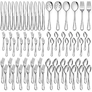 LIANYU 66-Piece Silverware Set with Serving Utensils, Stainless Steel Silverware Flatware Set for 12, Elegant Cutlery Tableware Includes Fork Spoon Knife, Mirror Polished, Dishwasher Safe