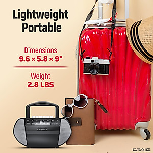 Craig Portable Top-Loading CD Boombox with AM/FM Stereo Radio and Cassette Player/Recorder in Black | Cassette Player/Recorder | LED Display (Black/Gray)