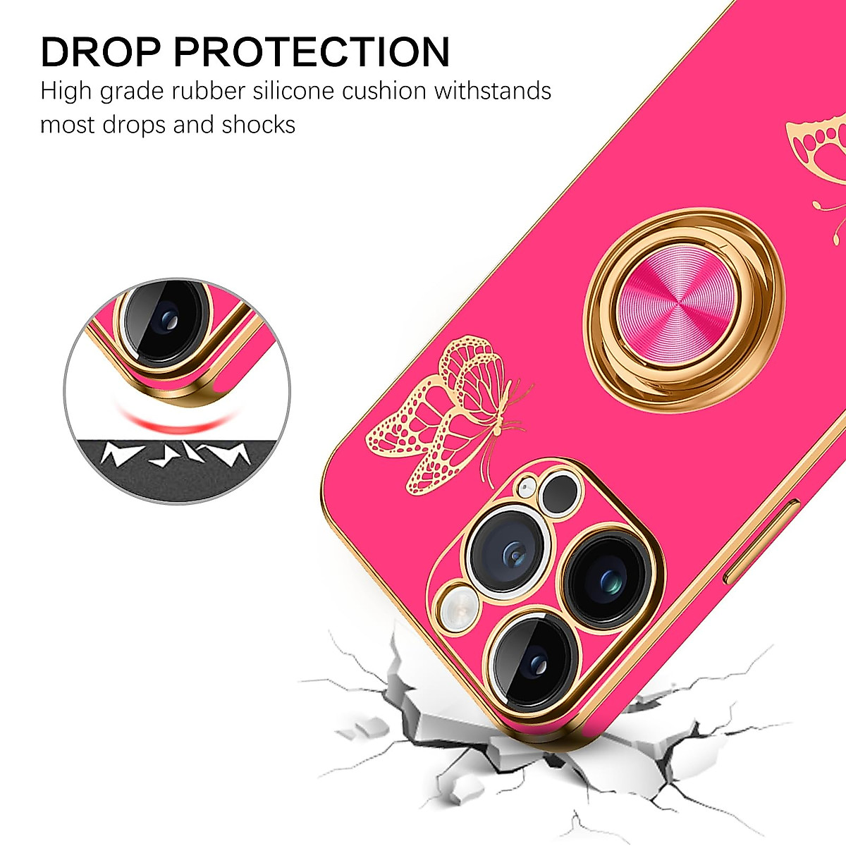 BENTOBEN for iPhone 13 Pro Max Case, Phone Case iPhone 13 Pro Max, Cute Butterfly Plating 360° Ring Holder Kickstand Magnetic Car Mount Supported Soft Bumper Women Men Drop Protective Cover, Hot Pink