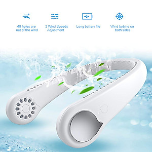Hanging Neck Fan, Hand Free Leafless Neckband Fan - Powerful Dual Wind Head, Adjustable 3 Speed 360 Degree& Rechargeable Wearable Necklace Fan with Long-Lasting Battery for Sports Home Outdoor
