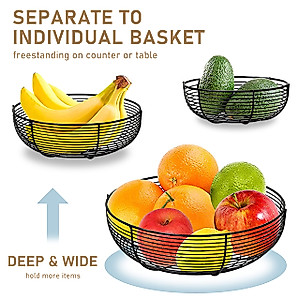 CAXXA 3-Tier Hanging Basket Fruit Organizer Kitchen Heavy Duty Wire Organizer with 2 Free Bonus Metal Ceiling Hooks, Black