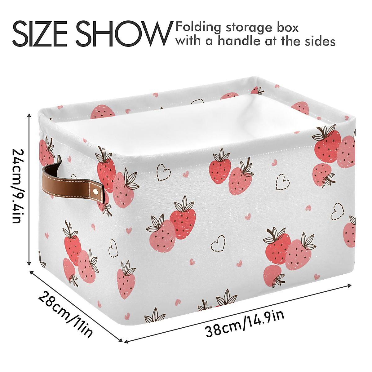 Qilmy Strawberry Pattern Storage Basket with Handles for Organizing, Collapsible Canvas Shelves Storage Bins for Home Closet Bedroom Living Room