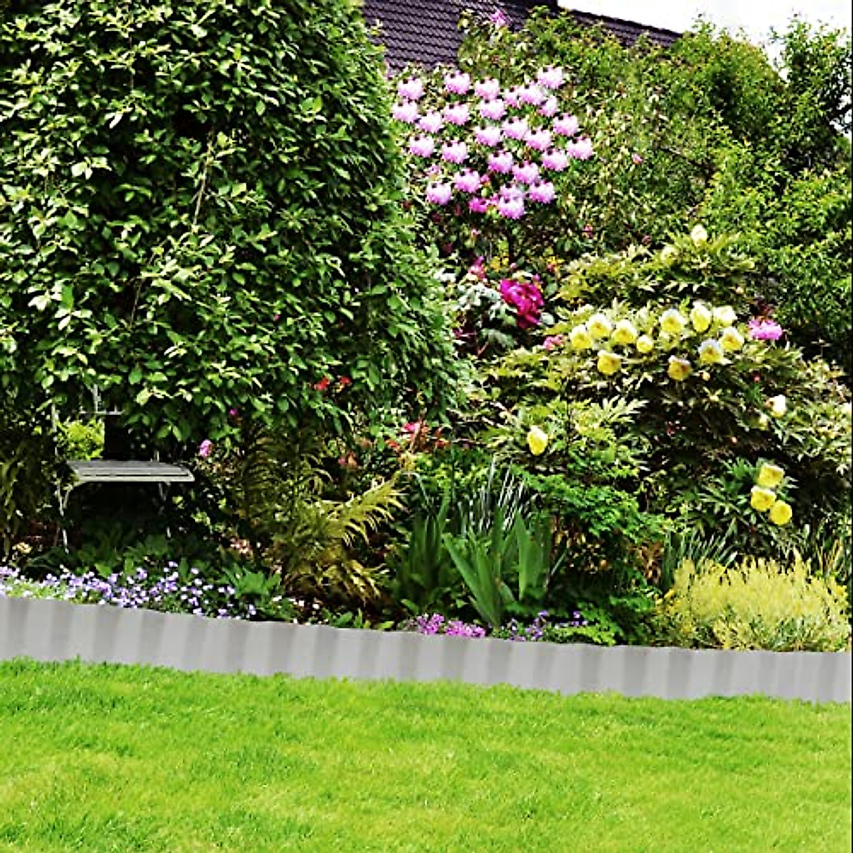 Relaxdays 10m Lawn Edging, Metal Flowerbed Border, Galvanized, Flexible, Garden Fencing, 16 cm Tall, Silver