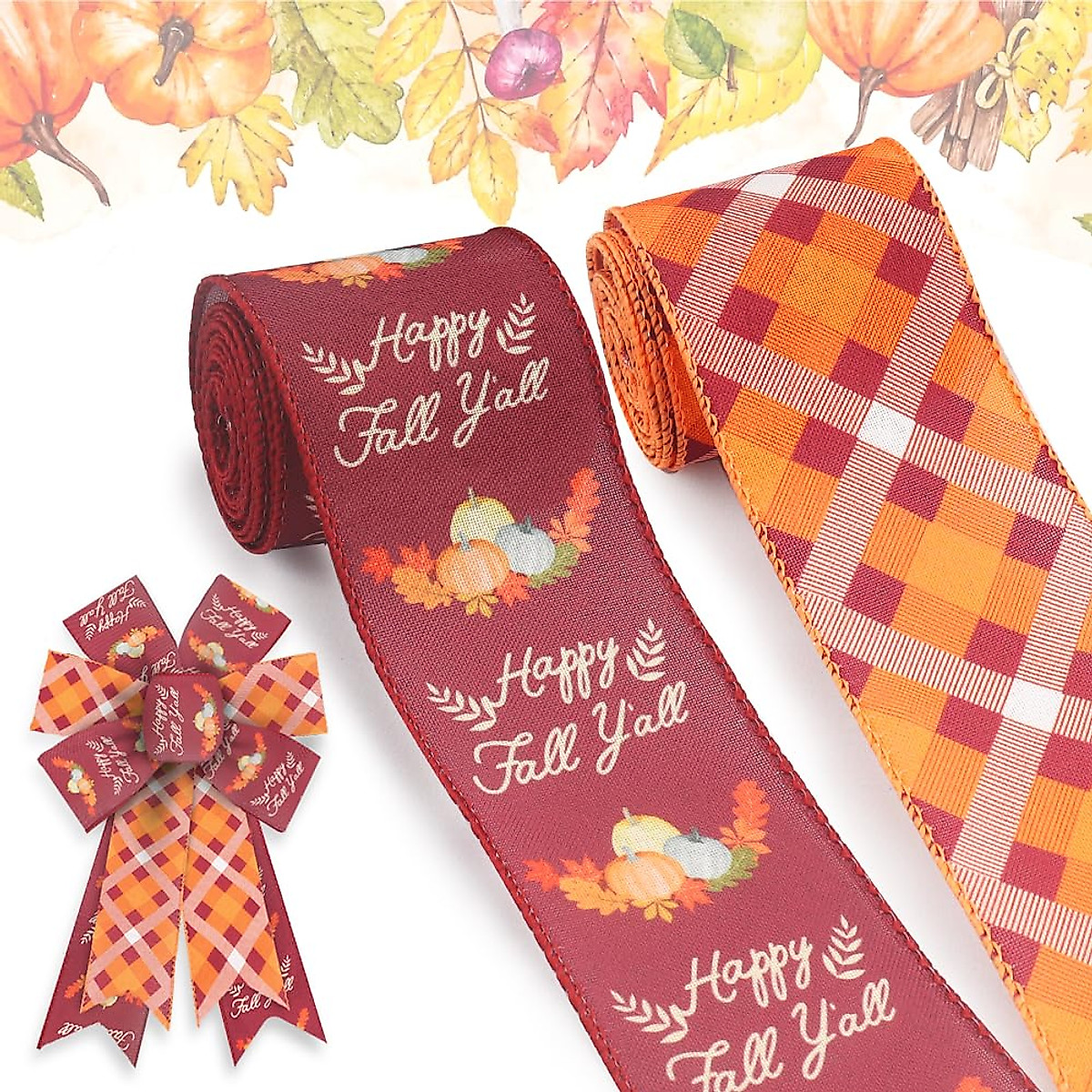 ALIBBON 2 Rolls 2.5" 5 Yd Fall Wired Ribbon Thanksgiving Burlap Ribbons Wine Red Happy Fall Ribbons Brown Orange Buffalo Plaid Ribbons for Wreath DIY Crafting Gifts Wrapping Party Decorations