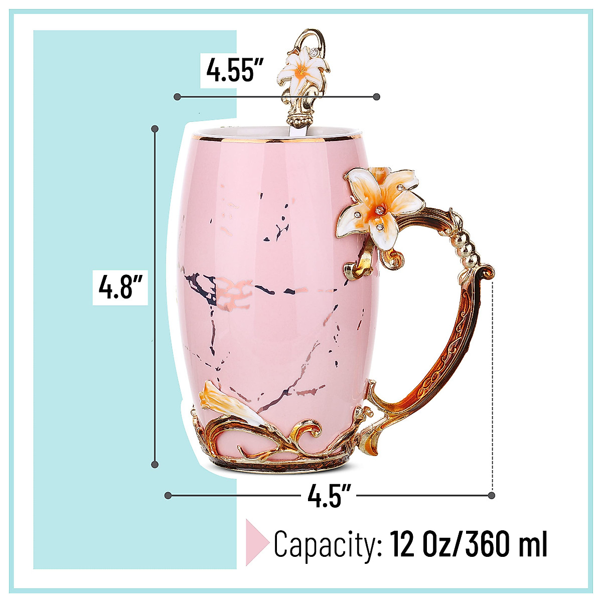 BTaT - Floral Ceramic Mugs with Spoon, Set of 2, Black and White, Fancy Coffee Mugs with Spoon, Floral Coffee Mugs, Ceramic Tea Cup, Tea Cup, Fancy Tea Cups, Tea Mugs for Women, Flower Tea Cup