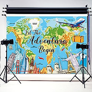 LIGHTINHOME World Map Backdrop 7Wx5H Feet Around The World Let The Adventure Begin Adventure Awaits Kids Baby Shower Graduation Going Away Photography Background Decorations Photo Booth Studio Prop