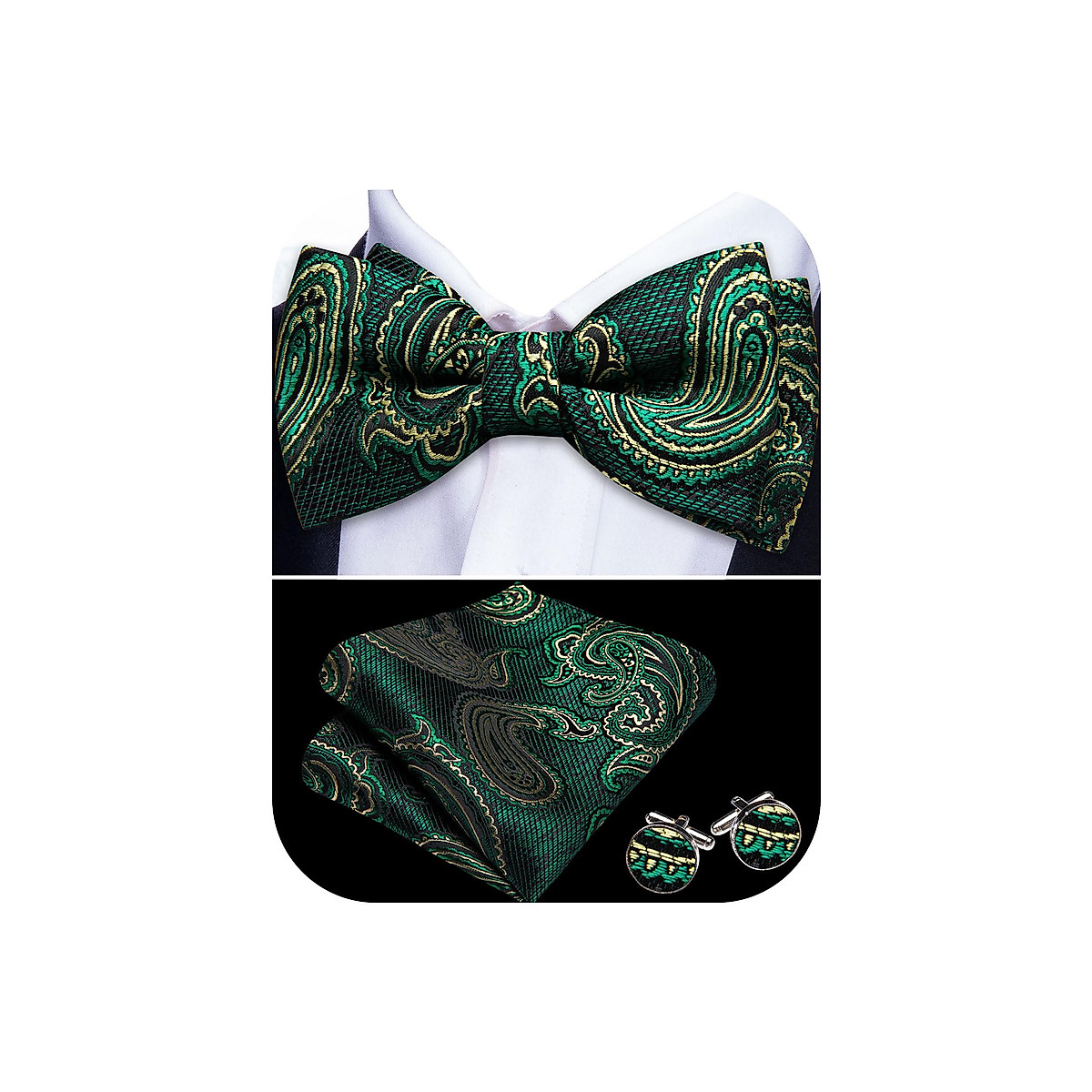 YOHOWA Men Bow Tie Set Paisley Green Gold Silk Pre-Tied Bowtie Shamrock Day Pocket Square Cufflinks Formal Wedding Party Prom