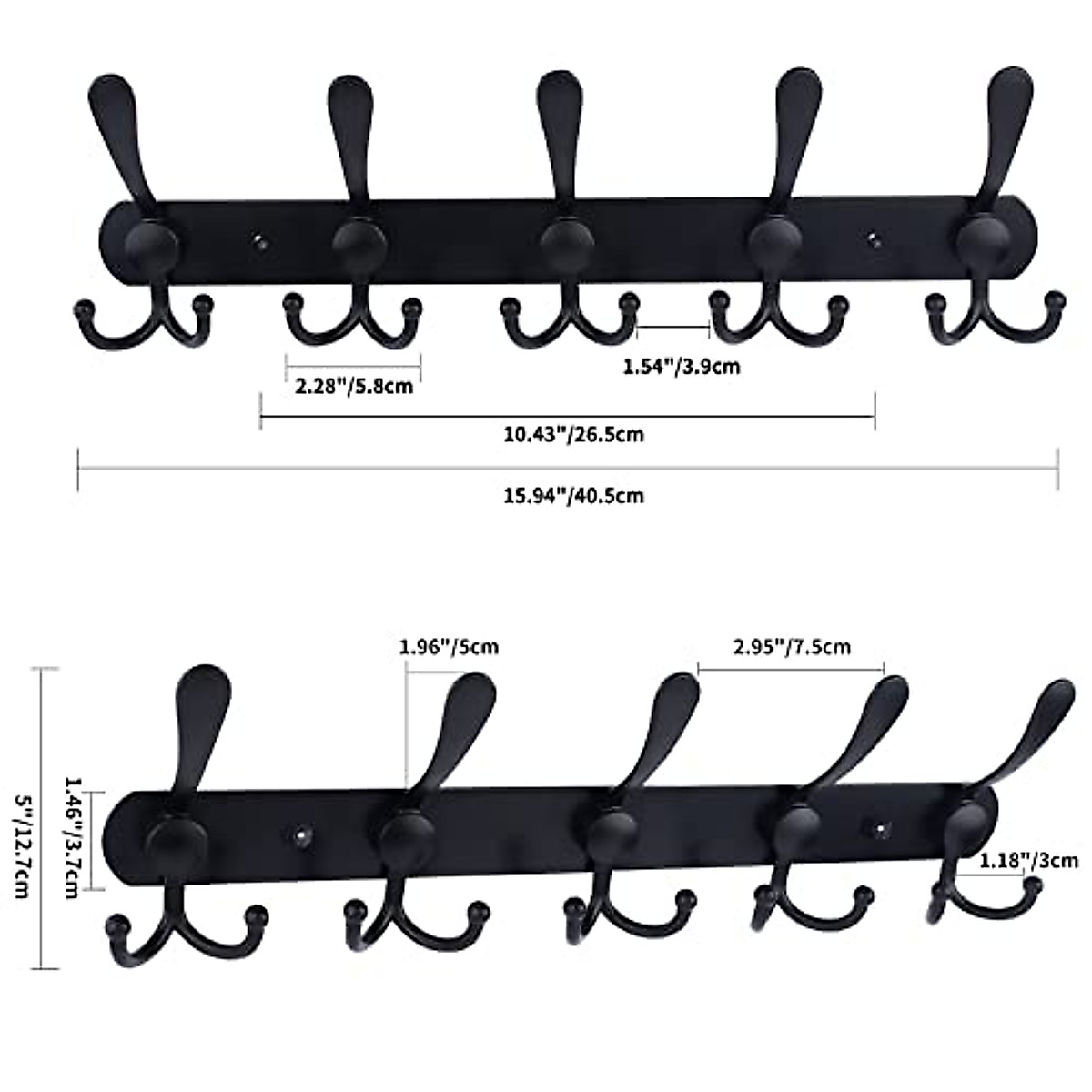 Qihtldsy Coat Rack Wall Mount, Stainless Steel Coat Hooks, 5 Tri Hooks, Heavy Duty Hook Rail for Coat Hat Towel Bag Purse Robes Bedroom Kitchen Bathroom Entryway (Black, 2 Packs)