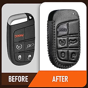 Slohif Leather Key Fob Cover Accessories for Jeep for Grand Cherokee Renegade Chrysler 200 300 Dodge RAM Durango Challenger Journey Dart Fiat 5 Buttons, Leather Case+D-Ring+Hook(Black)