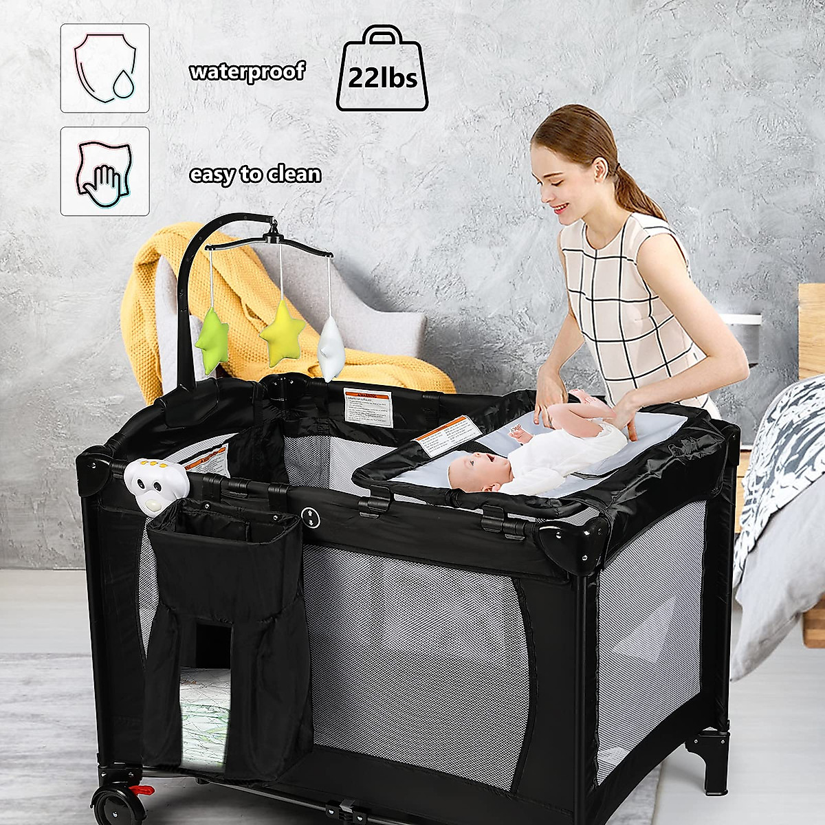 Kinder King 3 in 1 Portable Nursery Center, Foldable Playard for Baby & Toddler, Infant Pack n Play w/Bassinet, Removable Mattress, Newborn Changing Table, Travel Bag, Music Box, Storage Basket, Black