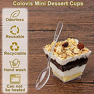Colovis Mini Dessert Cups, 100 CT 2oz Clear Plastic Parfait Appetizer Cups with Spoons Mini Square Dessert Bowls for Serving, Tasting (100)