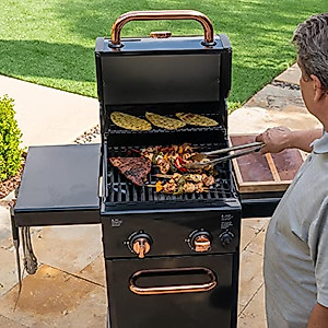 Permasteel 2-Burner Gas Grill, Foldable Side Tables, Grilling Tool Hooks, Propane Gas Barbecue Grill, Black with Copper Accent