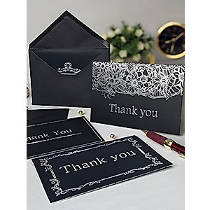 120 Elegant Thank You Cards in Black with Matching Black Envelopes and Sealing Stickers - Thick Quality Cardstock 6 Designs Bulk Notes Embossed with Silver Foil Letters, 4x6 Inches Folded