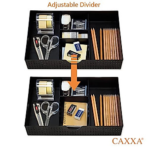 CAXXA 2 Pack 3 Slot Drawer Organizer with Two Adjustable Dividers - Junk Drawer Storage for Office Desk Supplies and Accessories, Black (2 Pack)