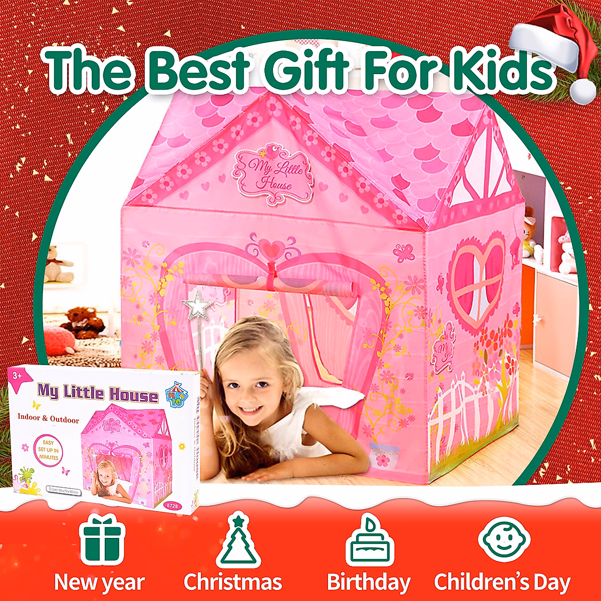 PLAY 10 Kids Tent, Princess Castle Pink Tent for Kids, Kids Playhouse Kids Play Tent, Kids Tent Indoor Playhouse for Kids Outdoor, 37 * 28 * 40inch,Big Enough for 2-3 Little Kids Play Together