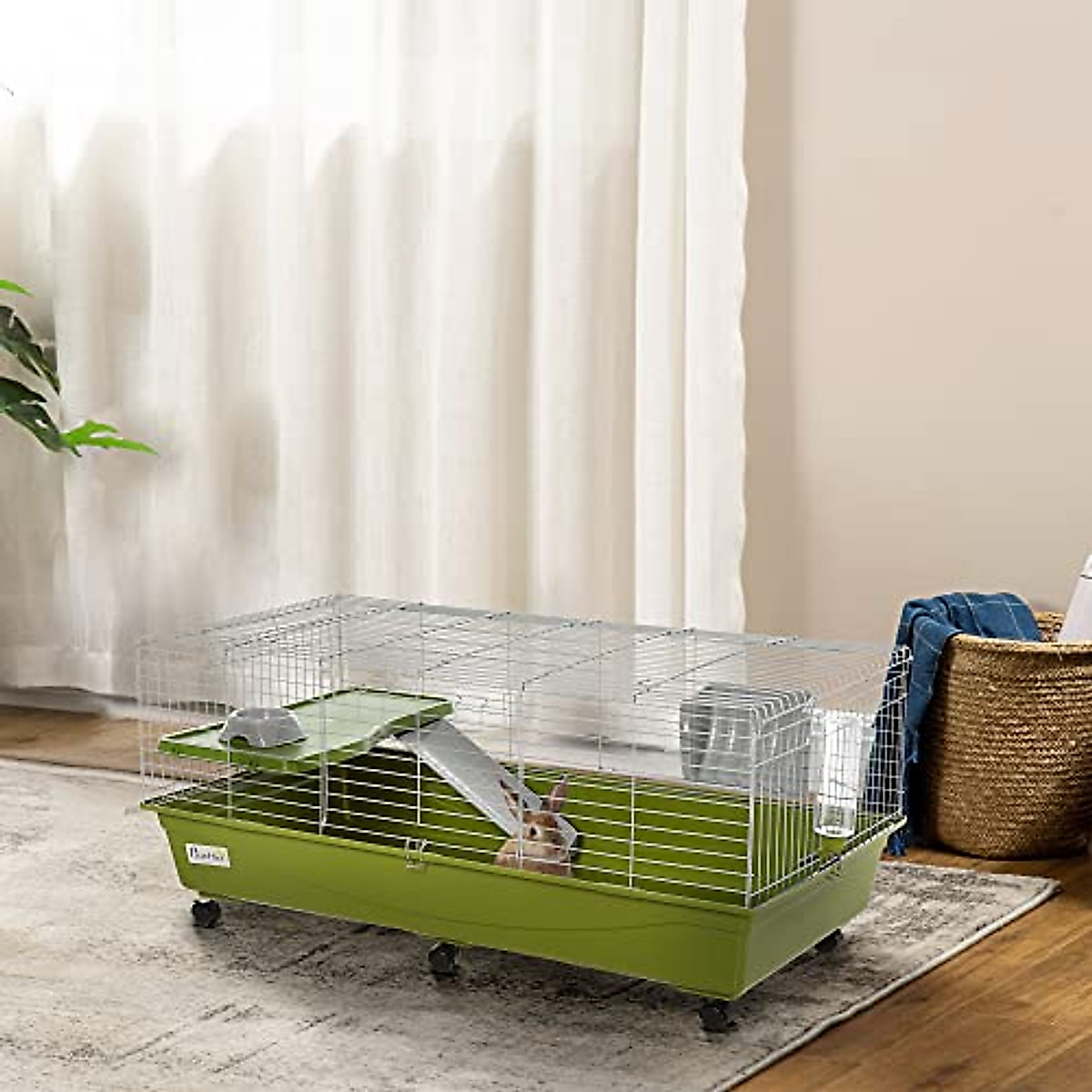 PawHut 47" Small Animal Cage Chinchilla Guinea Pig Hutch Ferret Pet House with Platform Ramp, Food Dish, Wheels, & Water Bottle