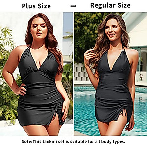 SuperPrity Tankini Bathing Suit for Women with Skirt Bottom Sexy V Neck Self Tie Backless Ruched Swimsuit Tummy Control Swim Tank Top with Shorts-XL,Black