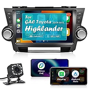 for 2009-2012 Toyota Highlander Radio, Roinvou Android 10.1 CarPlay Stereo with 10.1'' Touch Screen Bluetooth Car Audio Receiver Support Android Auto Mirror Link GPS WiFi SWC FM Radio Backup Camera