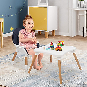 JOYMOR 5-in-1 Convertible Baby High Chair for Babies and Toddlers, Table and Chair Set, Wooden Infant Eating Highchair with Leather Seat Cushion, 4-Position Removeable & Adjustable Tray (Blue)