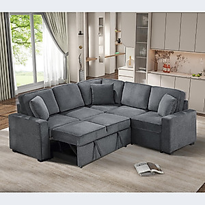 THSUPER 82'' Chenille L-Shaped Sleeper Sectional Sofa with Pull-Out Bed & Reversible Convertible Feature for Living Room, 5-Seater with 3 Pillows Included. Dark Grey