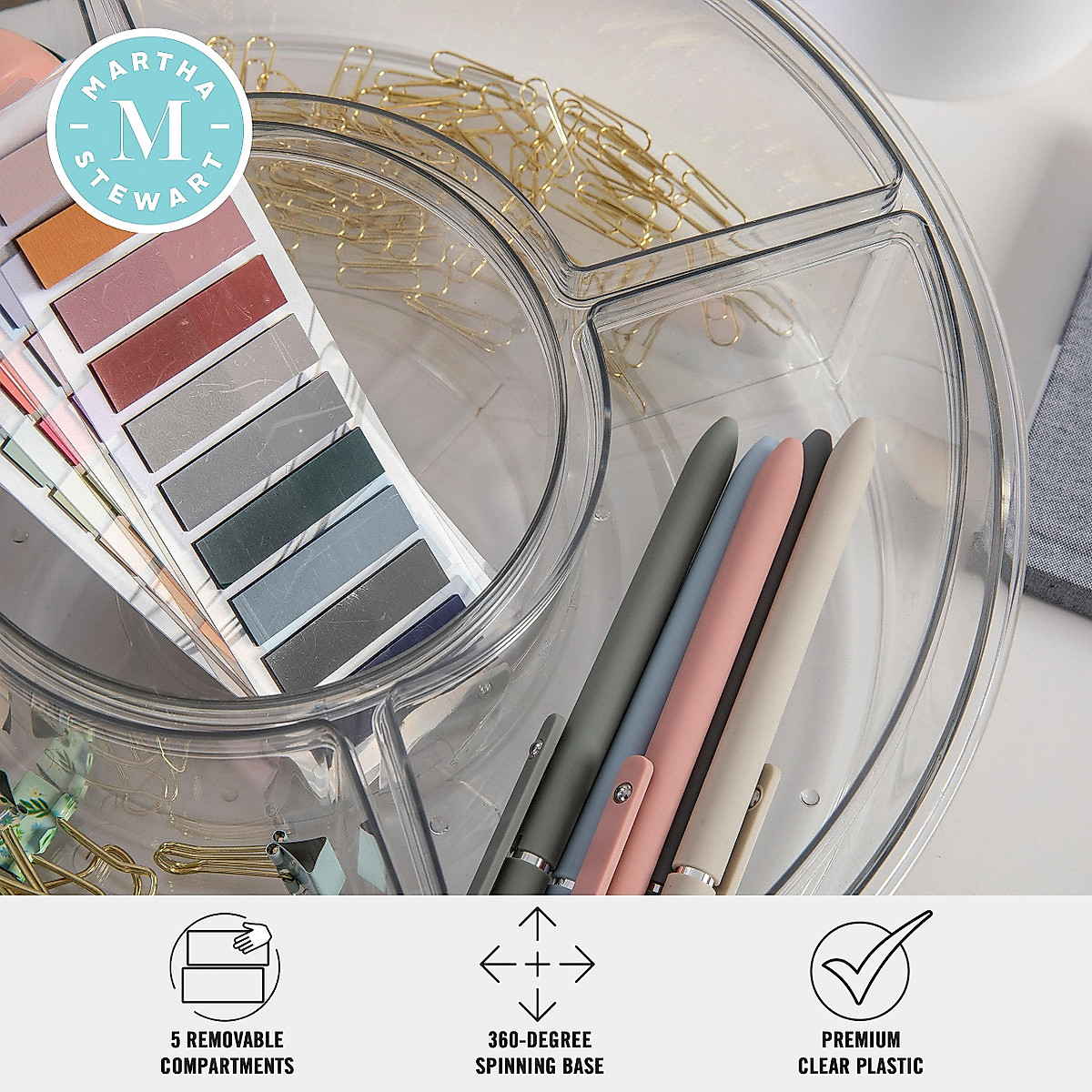 Martha Stewart Brody Divided Lazy Susan Organizer with 5 Removable Bins, Plastic 360° Rotating Desk Storage Organizer, 12 Inch, Clear