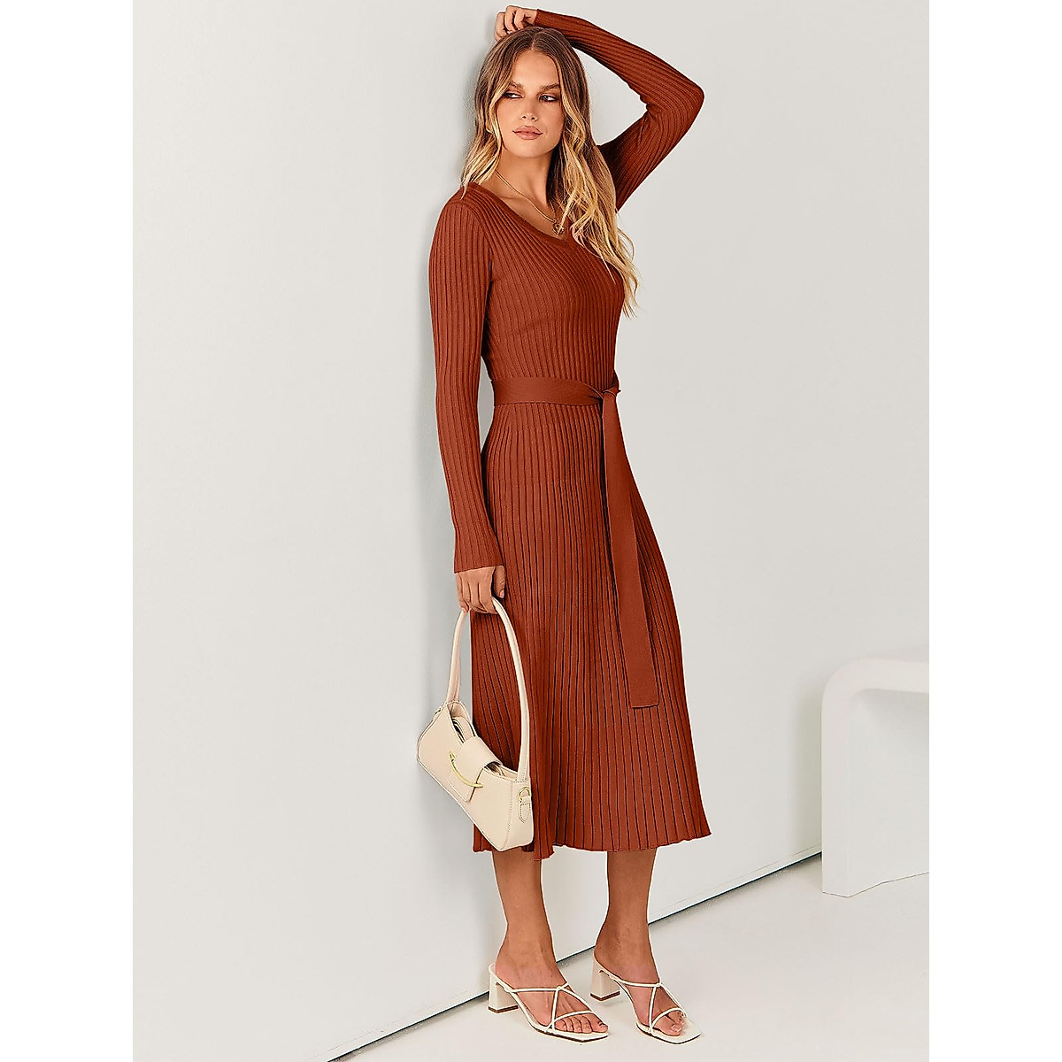 ANRABESS Women Long Sleeve V Neck A-line Tie Waist Slim Fit Ribbed Knit Bodycon Midi Sweater Dress 2025 Fall Trendy Outfits Rust Small