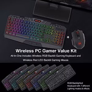 Redragon S101 Wireless Gaming Keyboard and Mouse Combo, RGB LED Backlit Keyboard, and Red Illuminated Mouse for Windows PC Gamer