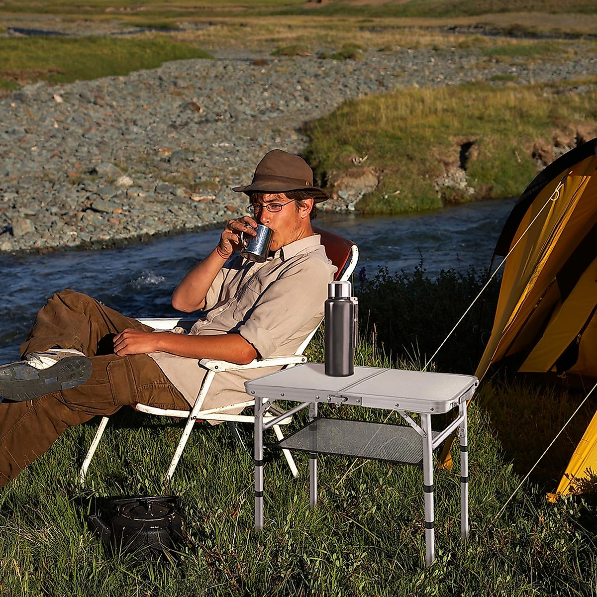 YihuiKo Adjustable Height Camping Table with Mesh Layer, 23.6" x 15.7" Portable Folding Camp Tables with Aluminum Legs for Outdoor Camp, Picnic, Beach, Backyard, Tailgate Cooking, 3 Heights…