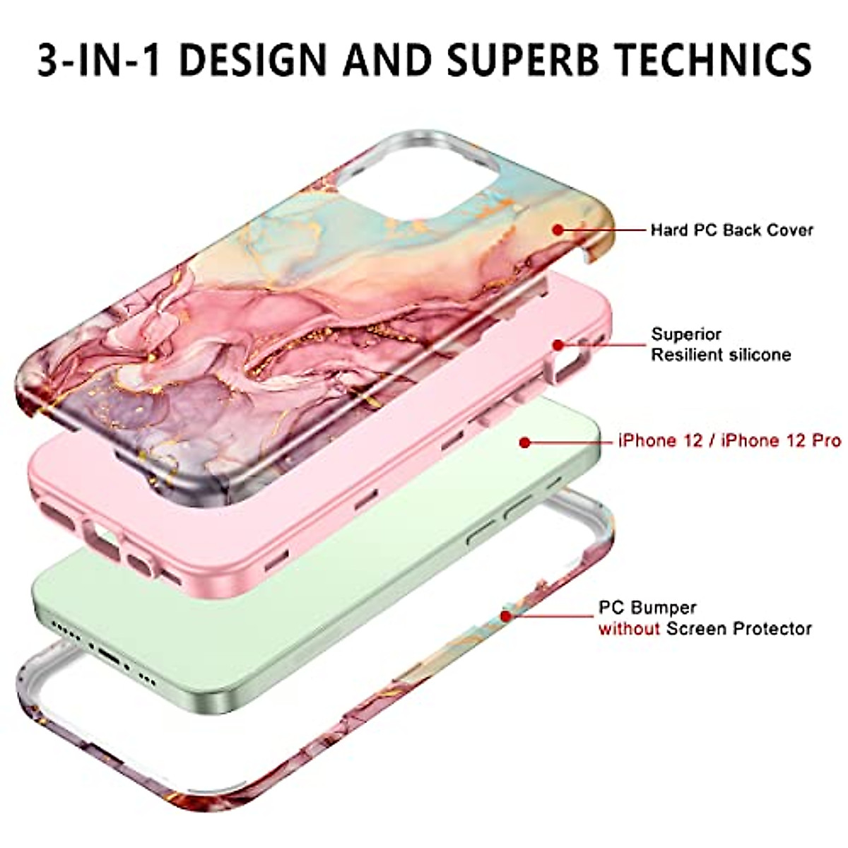 Btscase for iPhone 12 Case/iPhone 12 Pro Case, Heavy Duty Three Layer Marble Shockproof Full Body Rugged Hard PC+Soft TPU Bumper Drop Protection Women Girls Cover for iPhone 12/12 Pro, Rose Gold