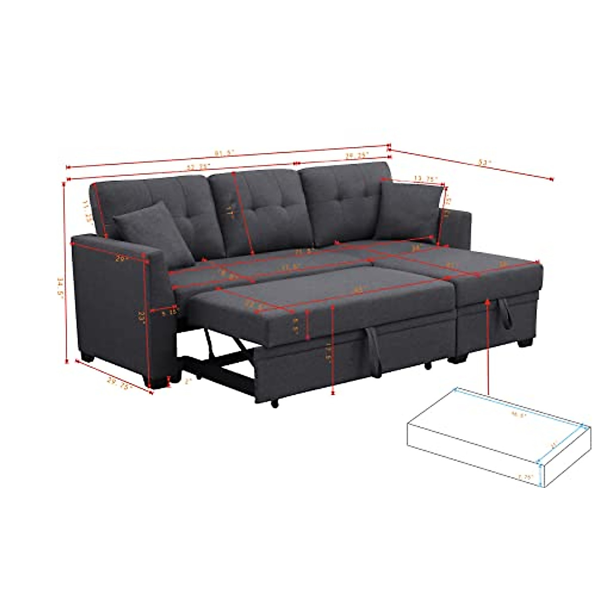 Convertible Sectional Sleeper Sofa with Pull Out Couch & Storage Chaise Lounge Furniture Couch for Living Room, Small Spaces, Modern Classic Comfort - Dark Grey