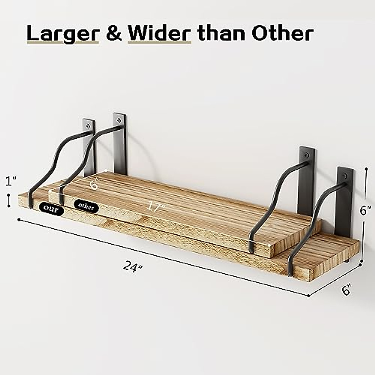 Floating Shelves, 24 Inches Wood Wall Mounted Shelves for Storage, Wall Shelves with Metal Bracket, Rustic Bookshelf for Bedroom Kitchen Living Room (Wooden, 24 Inch)