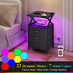 DALEMHOME Night Stand with Charging Station, LED Nightstand, Side Table with 3 Fabric Drawers, Bedside Table for Bedroom, Black HKET2302BK