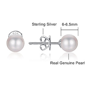Pearl Stud Earrings for Women 925 Sterling Silver Sensitive Genuine 6mm White Real Round Freshwater Cultured Pearls Everyday Earrings Studs Ladies