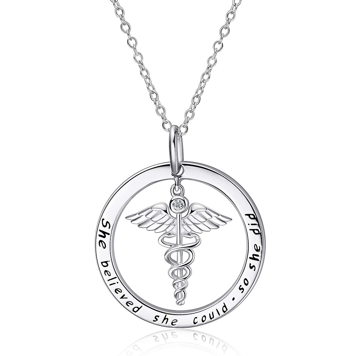 WINNICACA Nurse Jewelry for Women Caduceus Necklace Nurse Christmas Gifts Sterling Silver Nurse Themed Pendant She Believed She Could So She Did Nurse Graduation Gifts White Coat Ceremony Doctor