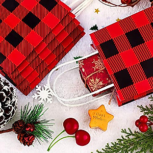 Cooraby 30 Pieces Mini Red and Black Plaid Bag Paper Party Kraft Christmas Bags with Handle for Birthday, Wedding, Party Celebrations