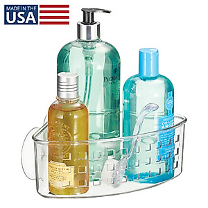 iDesign Plastic Bathroom Suction Holder, Shower Organizer Corner Basket for Sponges, Scrubbers, Soap, Shampoo, Conditioner, Clear