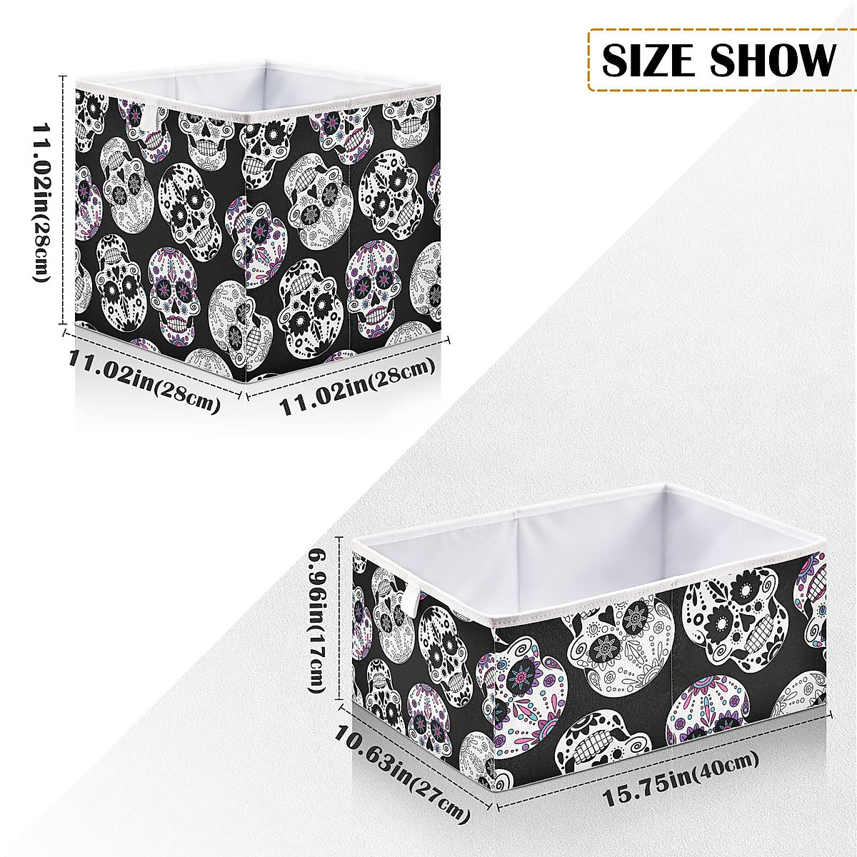 Sugar Skulls Flowers Basket Cube Storage Bins Fabric Storage Baskets Collapsible Decorative Storage Box with Handles Organizer Bag for Shelf Closet Toy Gift 15 x 11 x 7