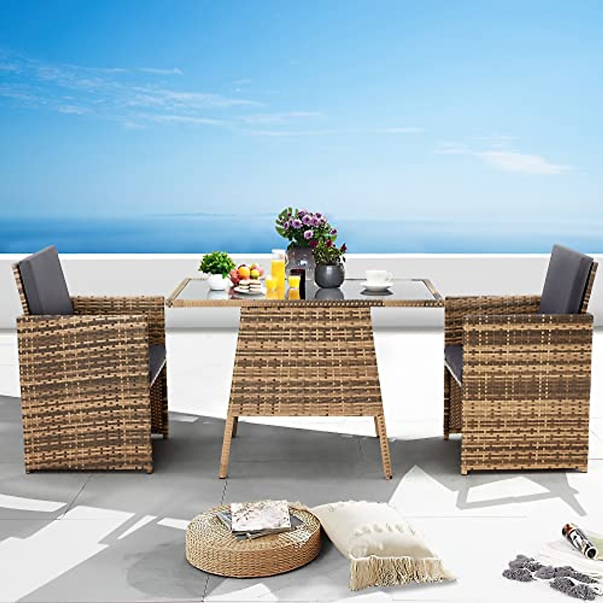 KROFEM 3 Pieces Waterproof Outdoor Rattan Furniture Set with Cushions, Ideal for Patio, Lawn,Balcony, Backyard, Garden, Swimming Pool, Yard Nature Frame and Dark Grey Cushion