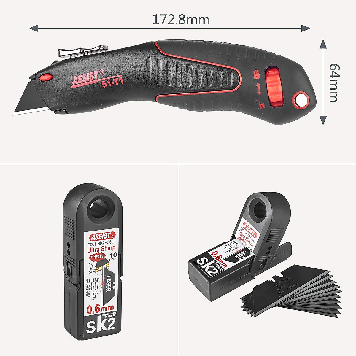 Assist Best Premium Utility Knife, Retractable Box Cutter, Heavy Duty Box Cutter, Quick Change Blade Razor Knife, with 10 Extra Blades