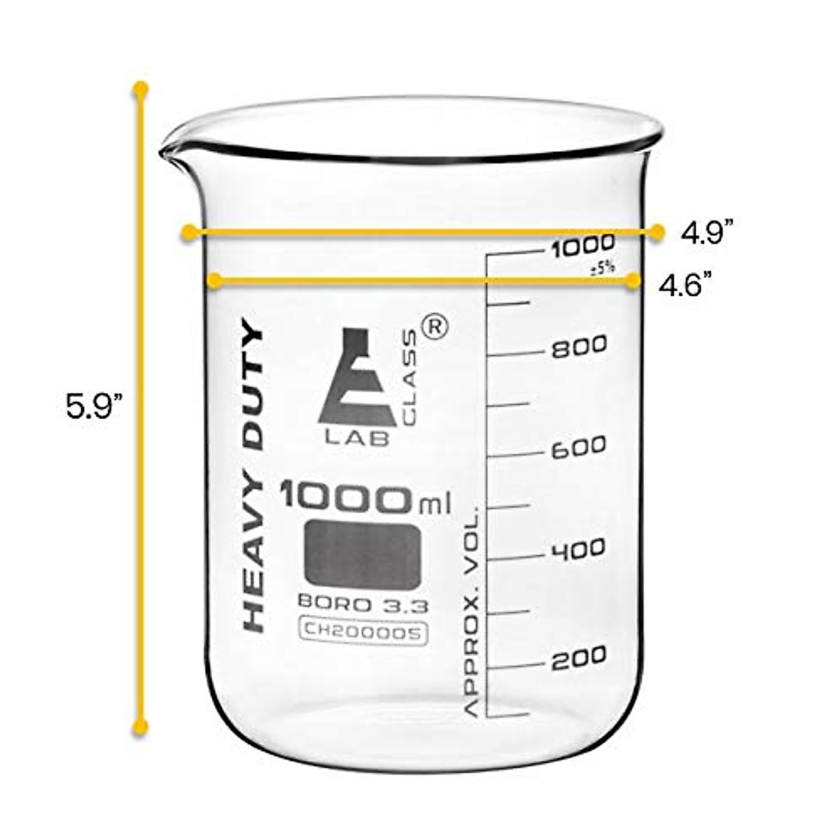 EISCO 6PK Heavy Duty Beaker, 1000ml - 5mm Thick, Uniform Walls - Superior Durability & Chemical Resistance - White Graduations - Borosilicate 3.3 Glass