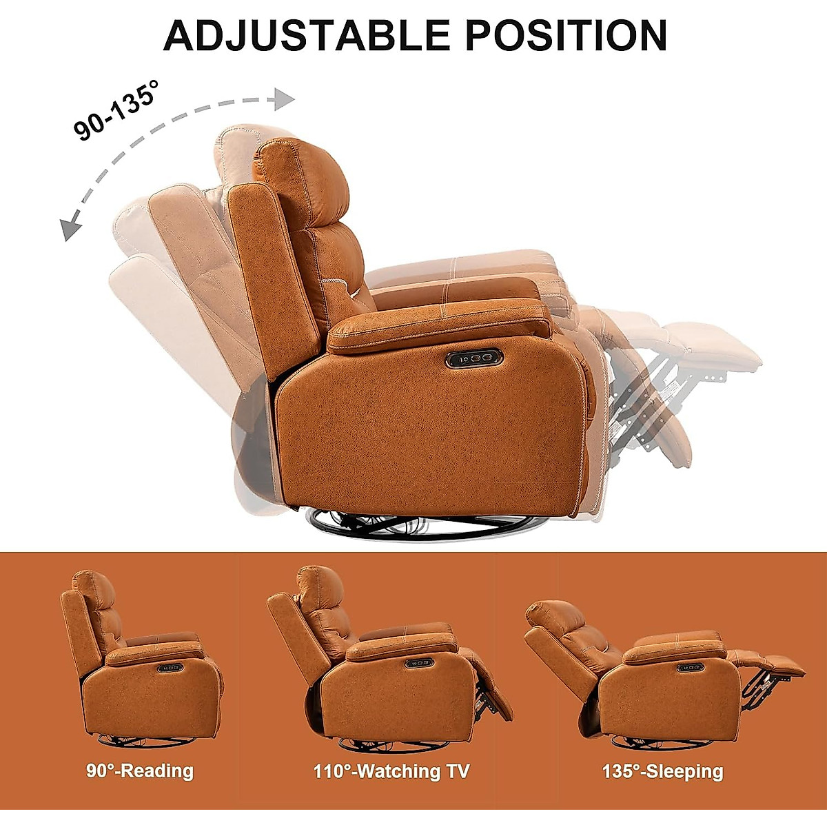 LETSHOME Electric Dual Motor Rocker Recliner USB Ports, 240 Degree Swivel Adjustable Rocking Chair with Power Headrest, Single Sofa Seat with Footrest for Living Room, XL, Brown