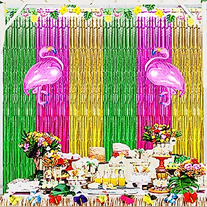 Luau Hawaiian Party Decorations, Flamingo Party Decorations, Green Rose Red and Yellow Foil Fringe Backdrop, Beach Bachelorette Streamer for Tropical Hawaiian Aloha Party Decorations(3 Pack)