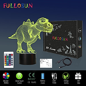 FULLOSUN Night Light for Kids Dinosaur T-rex 3D Night Light Bedside Lamp 16 Colors Changing with Remote Control, Xmas Halloween Birthday Gift for Child Baby Boy