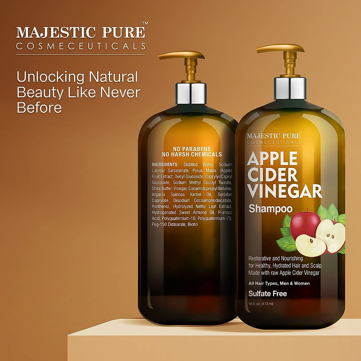 MAJESTIC PURE Apple Cider Vinegar Shampoo - Restores Shine & Reduces Itchy Scalp, Dandruff & Frizz - Sulfate Free, for All Hair Types, Men and Women - 16 fl oz