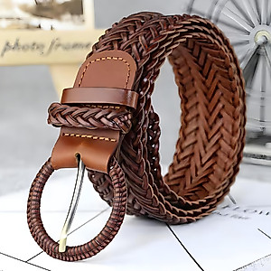 ANNULOYA Braided Belt for Women 1.6 inch Wide Woven Leather Waist Band for Pants and Dress with Buckle (Brown)
