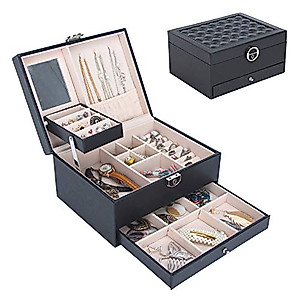 Jewelry Box Organizer Three-Layers Leather Jewelry Display Case Retro Lock Mirror (Three-Layers, Black)