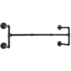 MyGift Wall Mounted Industrial Black Metal Clothes Rod Rack Hanging Garment Bar with Realistic Pipe Bar for Closet Storage and Retail Display