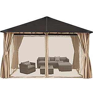 COOSHADE 10×12 Polycarbonate Roof Patio Gazebos Waterproof Outdoor Gazebo with Curtains and Mosquito Netting (Khaki)