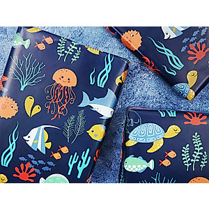 Ocean Themed Birthday Wrapping Paper For Kids Girls Boys, Under the Water Animal Coastal Design Gift Wrap Paper for Birthday Baby Shower Children's Day, 4 Sheets Folded Flat 20x28 Inches Per Sheet
