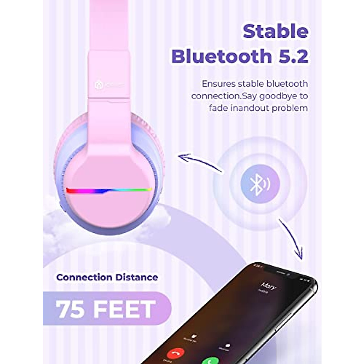 iClever BTH12 Kids Bluetooth Headphones 2 Pack,Colorful LED Lights Wireless Kids Headphones,74/85/94dB Volume Limited,55H Playtime,Bluetooth 5.2,Over Ear Headphones for iPad/Tablet/Traveling